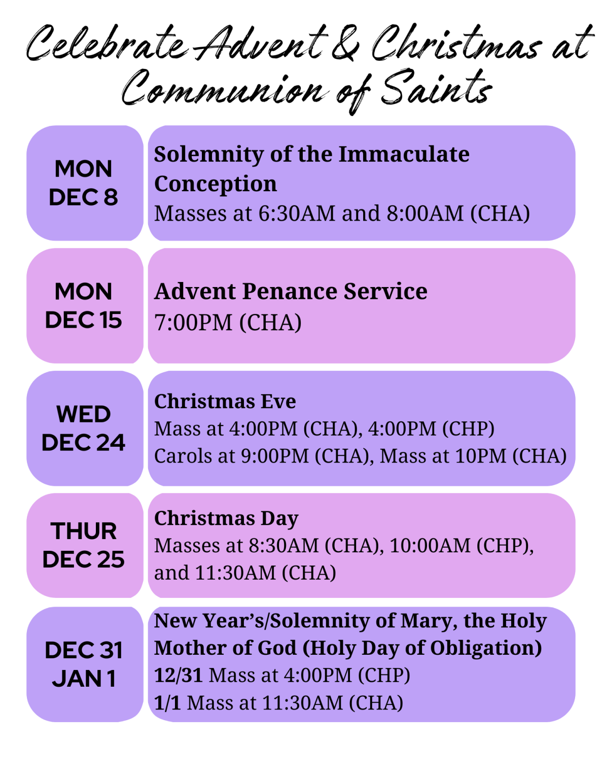 Advent and Christmas Schedule 2025 – Communion of Saints Parish